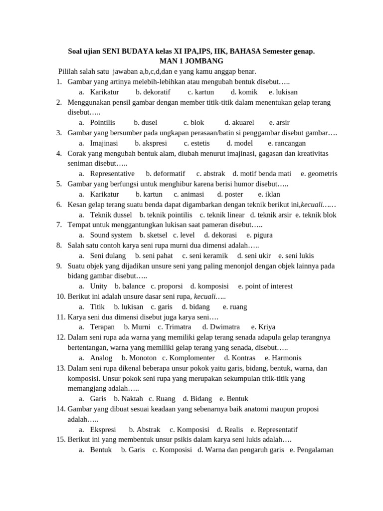 Soal Ujian SENI BUDAYA Kelas XI SEMESTER GENAP 20202021 3 | PDF