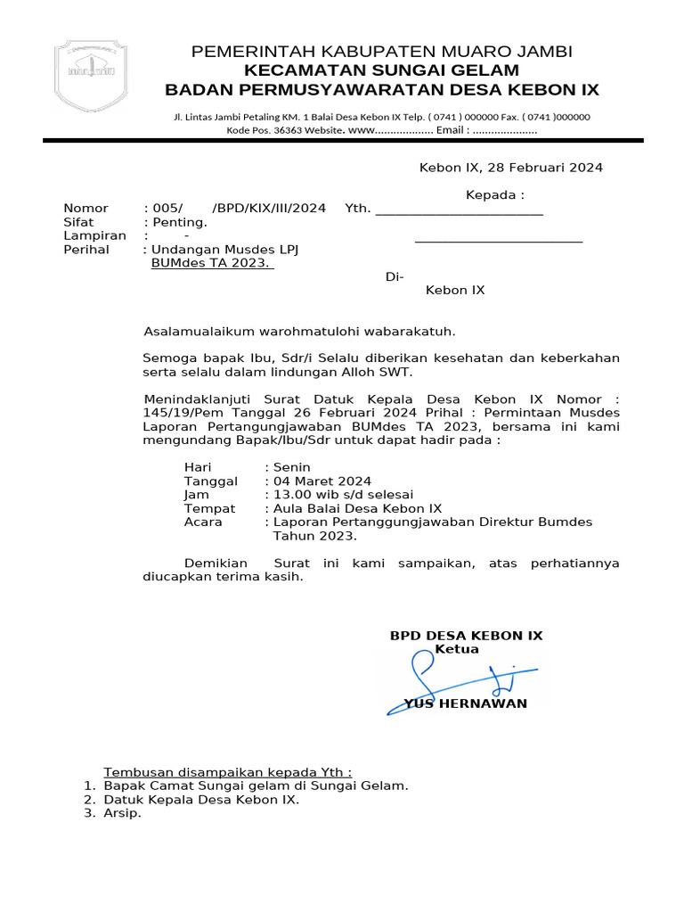 Undangan Musdes LPJ Bumdes Ta. 2023 | PDF