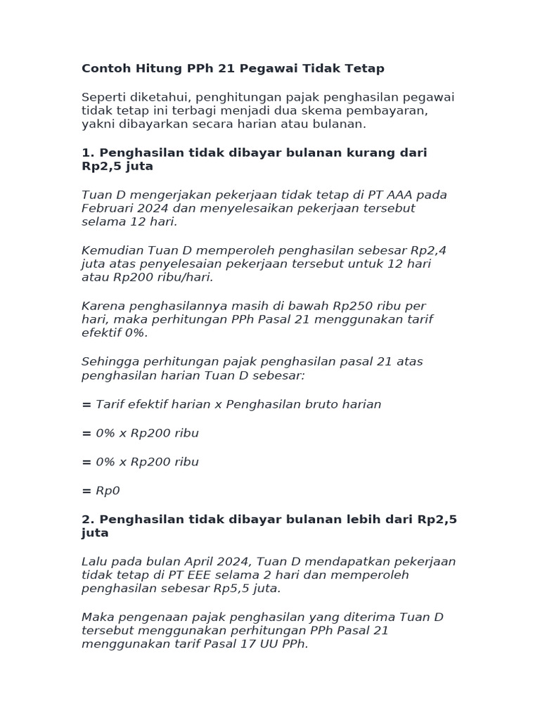 Contoh Hitung PPH 21 Pegawai Tidak Tetap | PDF