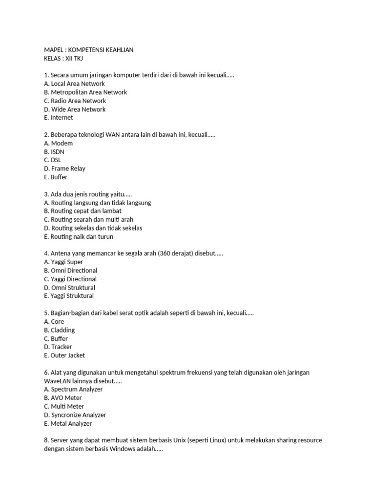Soal Kompetensi Keahlian Kelas Xii TKJ | PDF