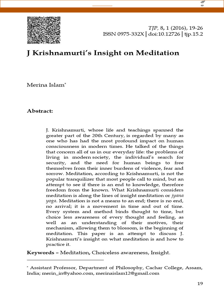 J Krishnamurti's Insight On Meditation: Merina Islam | PDF