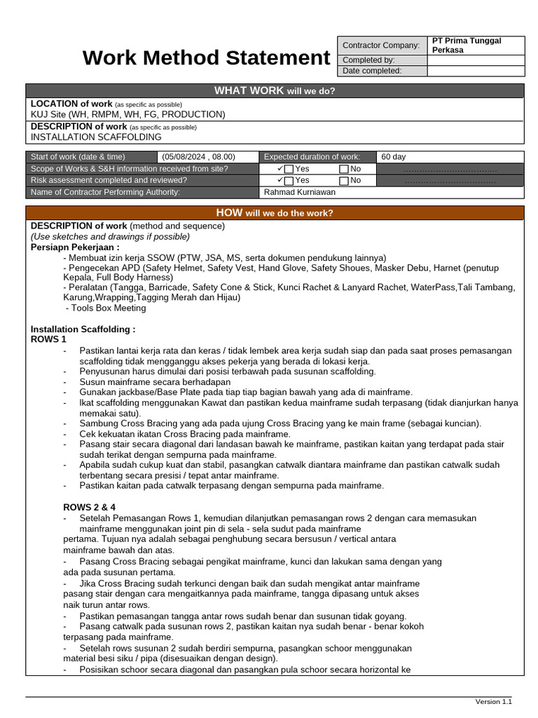 Method Statement Install Scaffolding | PDF