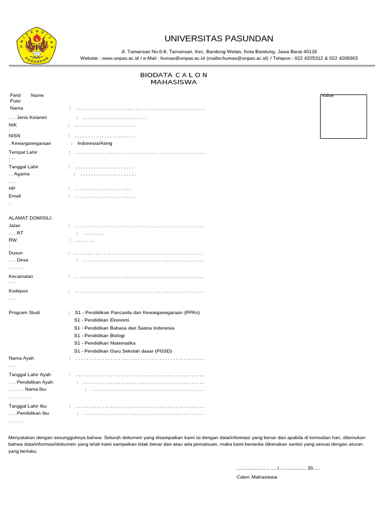 Biodata Calon Mahasiswa PPG | PDF