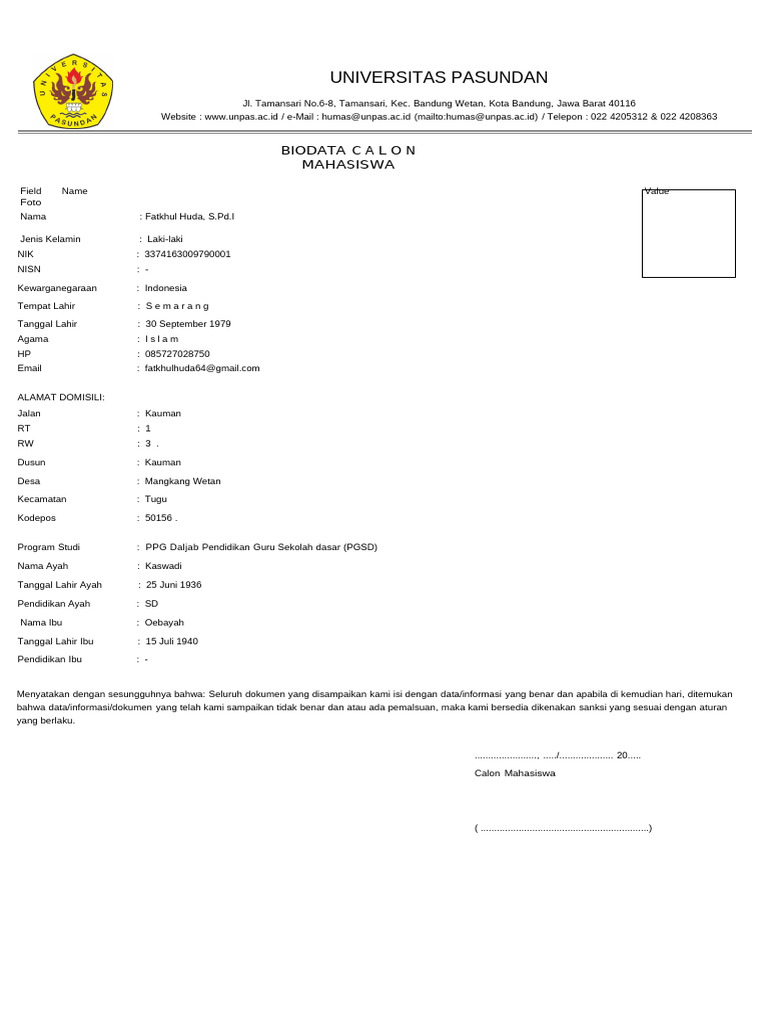 Biodata Calon Mahasiswa Ppg Fatkhul Huda Pdf