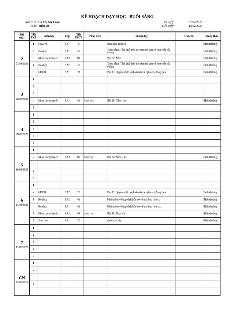 Lich BG Sang 2021 2022 | PDF