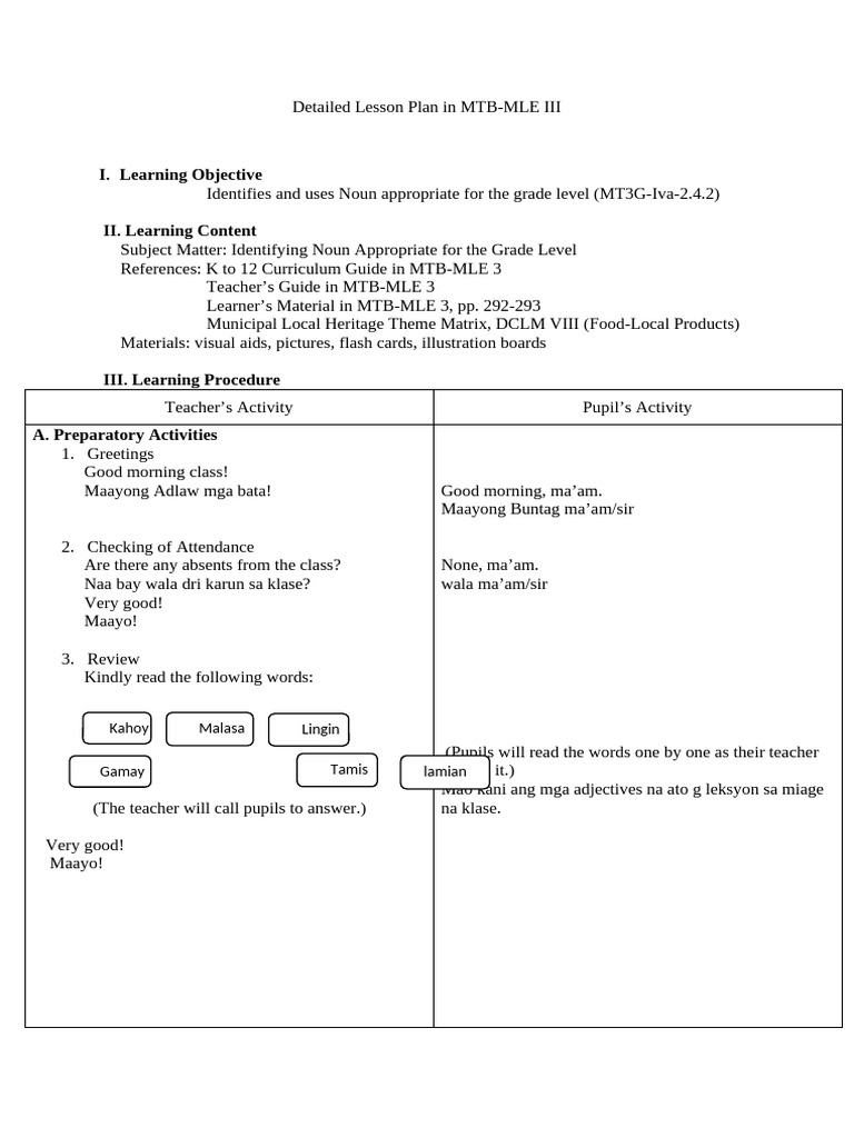 Detailed Lesson Plan in MTB-MLE3 | PDF