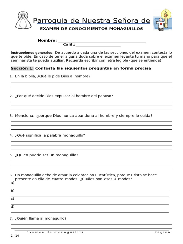 Examen de Conocimientos Monaguillos | PDF