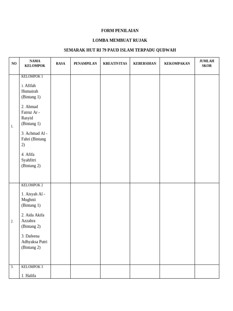 Form Penilaian Buat Rujak Paud | PDF
