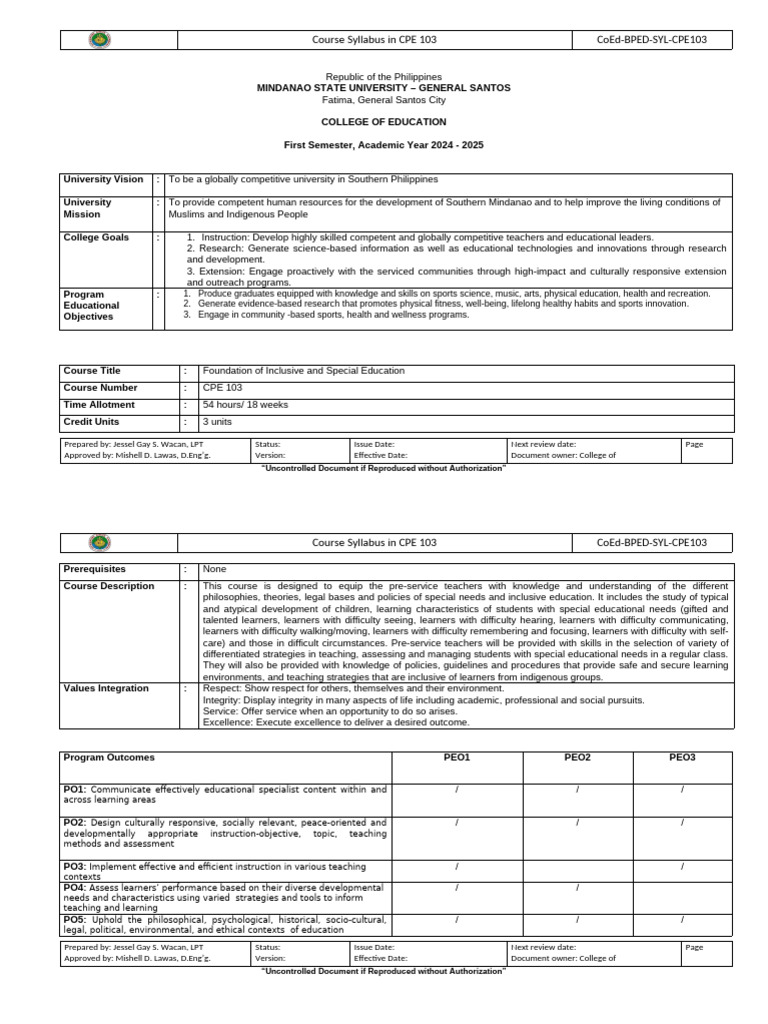 CPE 103 SYLLABUS FINAL | PDF