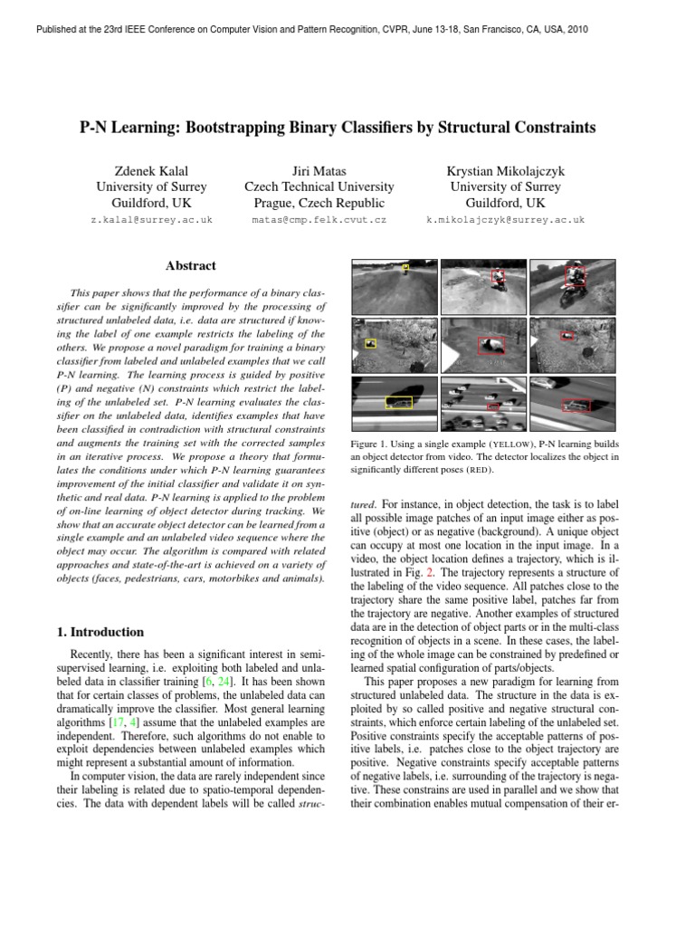 P-N Learning: Bootstrapping Binary Classifiers by Structural Constraints | PDF