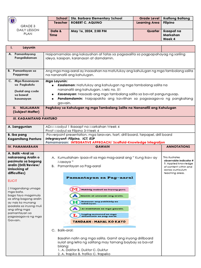 Sir Robert Cot Filipino 3 Q4 W4 | PDF