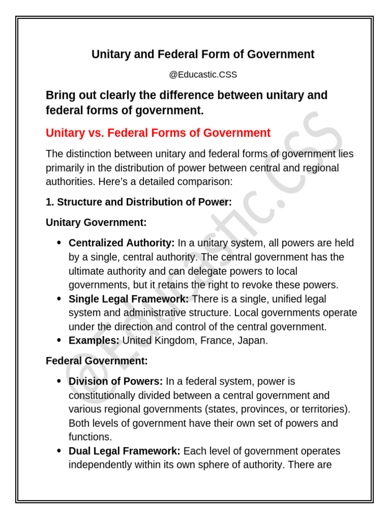 9.unitary and Federal Form of Government | PDF