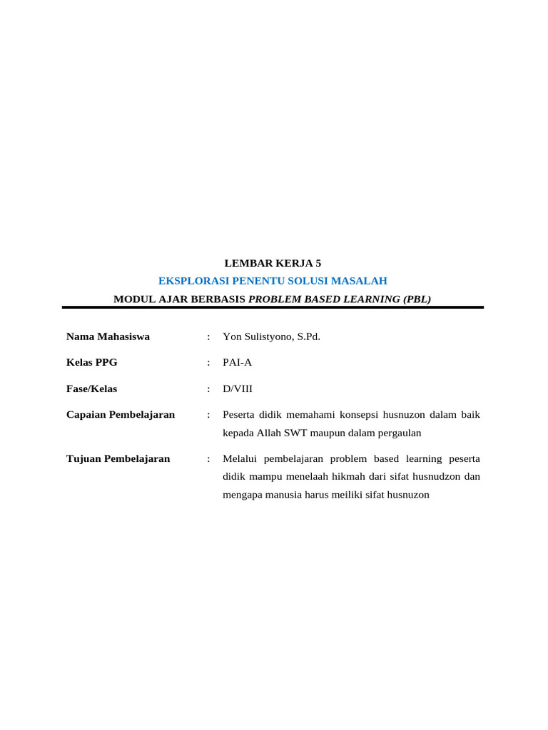 LK 5 - Penyusunan Modul Ajar PBL (K1) Yon Sulistyono | PDF LK 5 - Penyusunan Modul Ajar PBL (K1) Yon Sulistyono | PDF