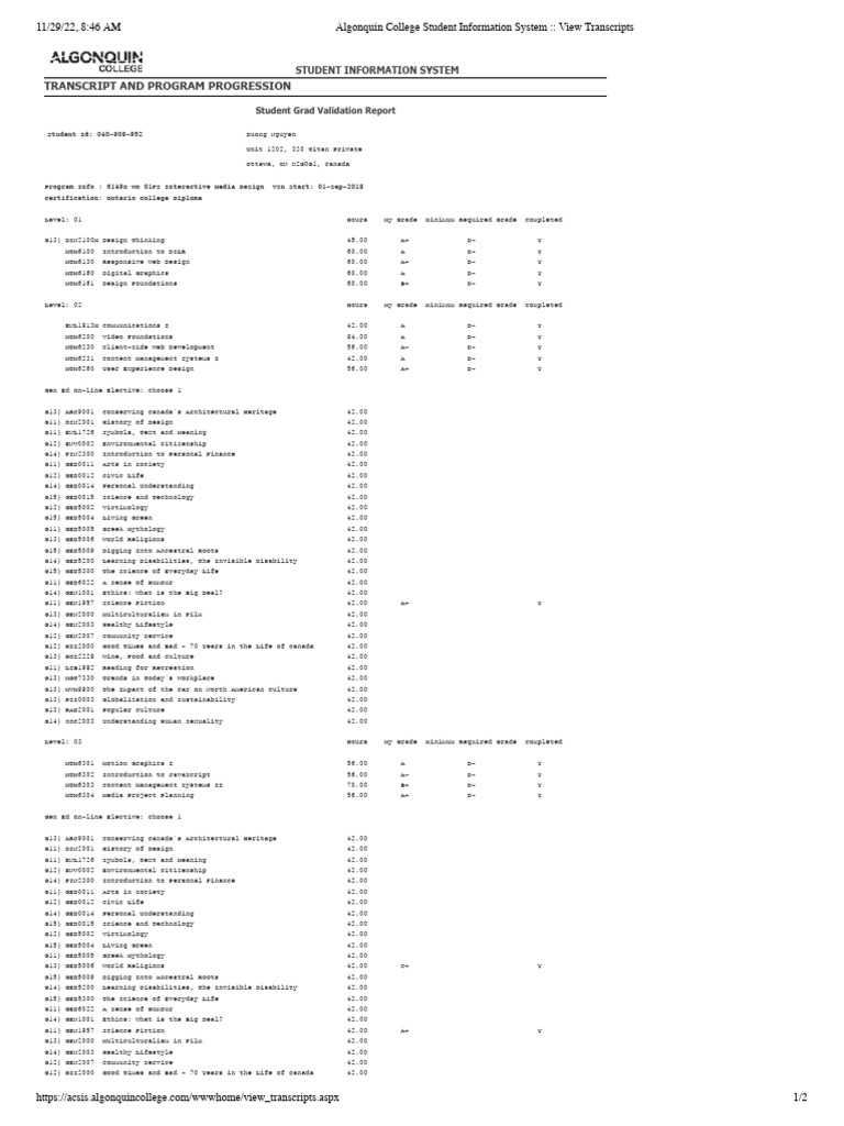 Algonquin College Student Information System - View Transcripts | PDF