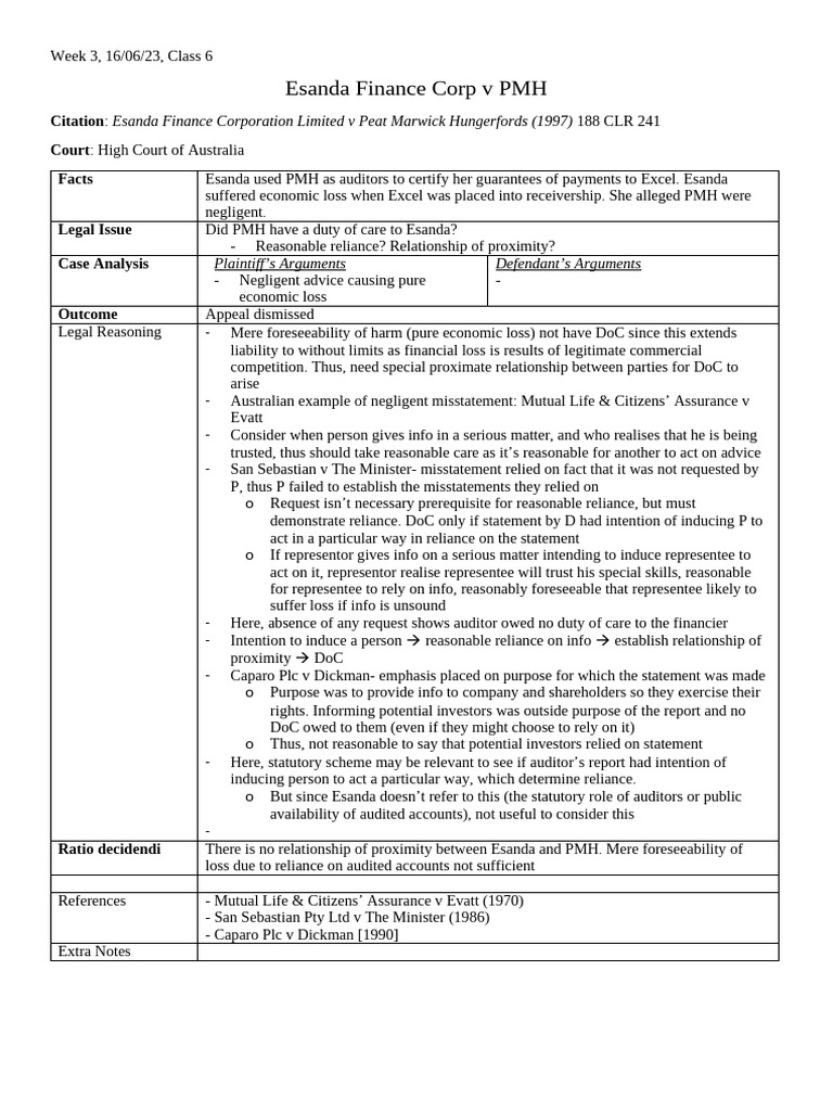 Esanda Finance Corp V PMH Case Brief | PDF | Negligence | Law