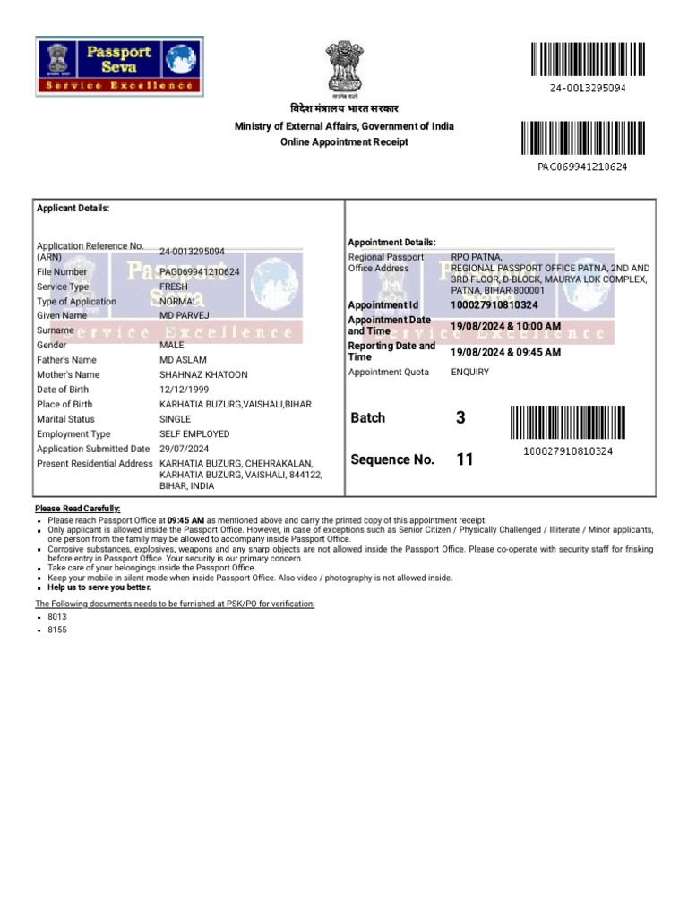 Appointment Receipt Parvej | PDF | Passport | Government And Personhood