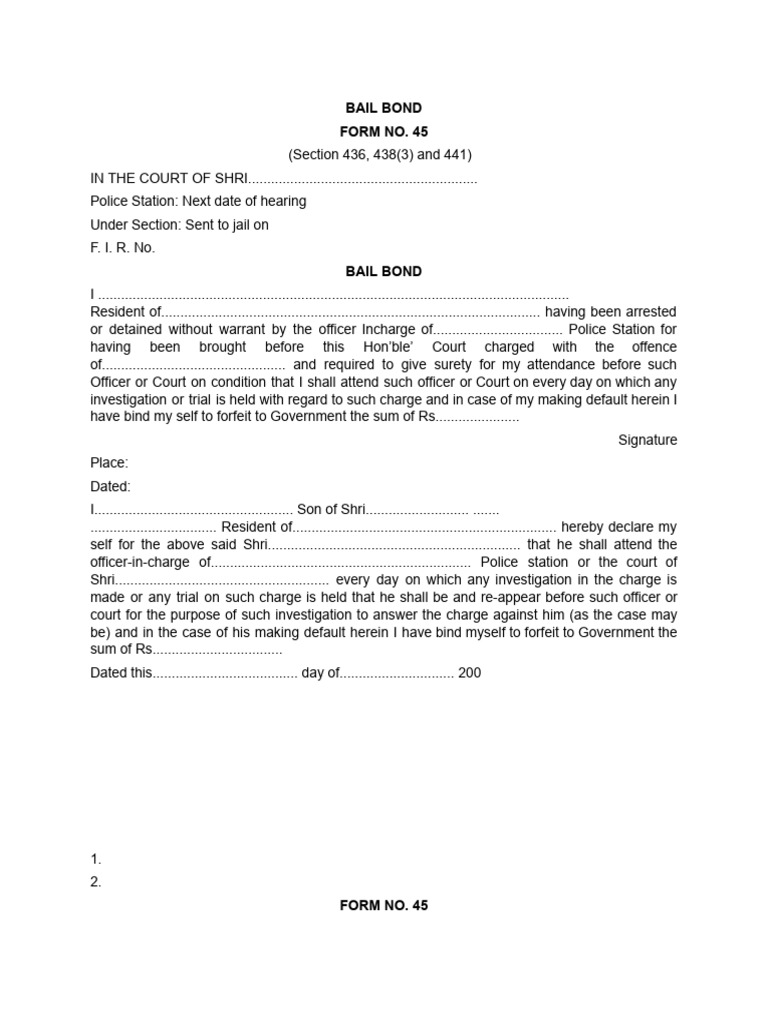 Bail Bond Form No. 45 Template | PDF | Bail | Law