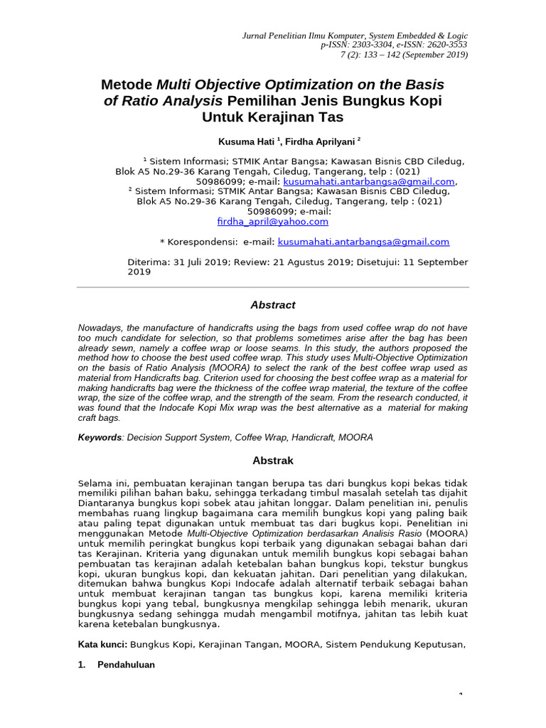 Of Ratio Analysis Pemilihan Jenis Bungkus Kopi: Metode Multi Objective Optimization On The Basis ...