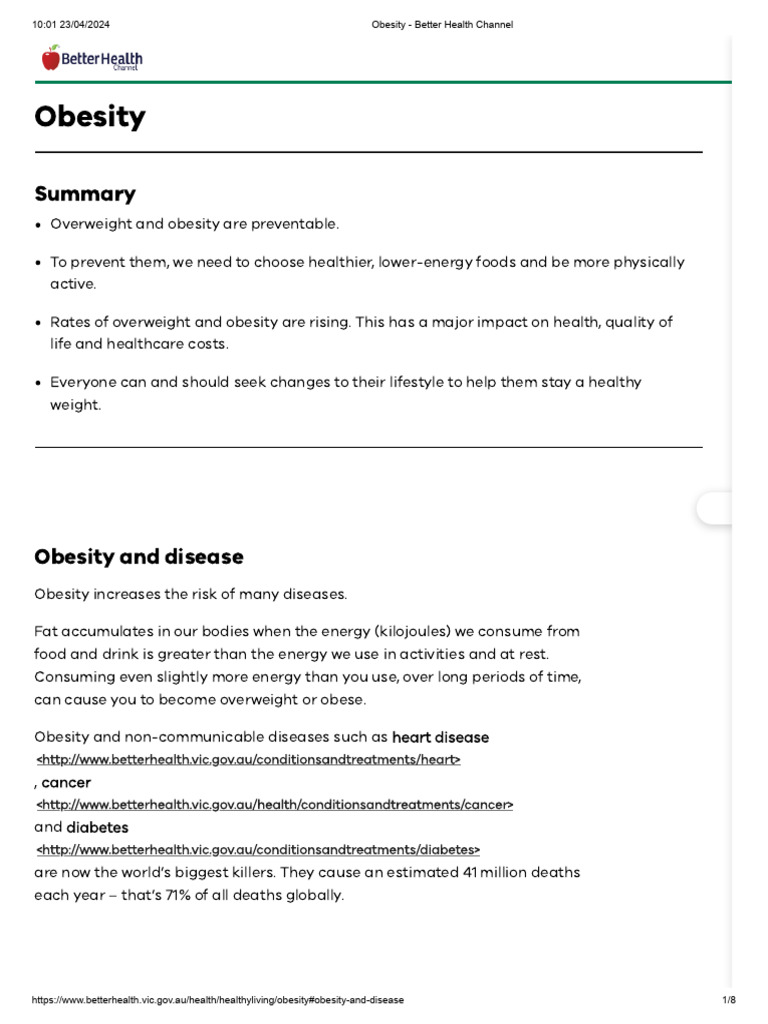 Obesity - Better Health Channel | PDF