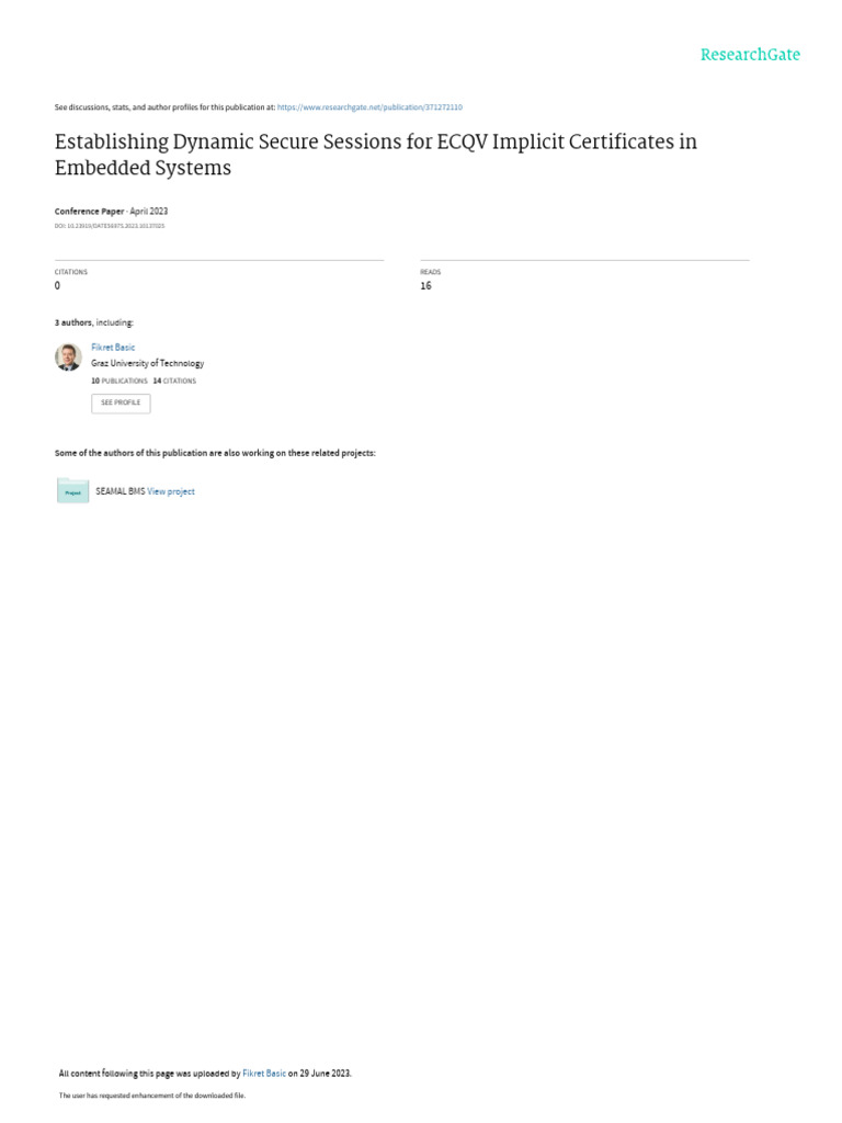 Online ST Establishing A Dynamic Secure Session For ECQV Implicit Certificate Architectures | PDF