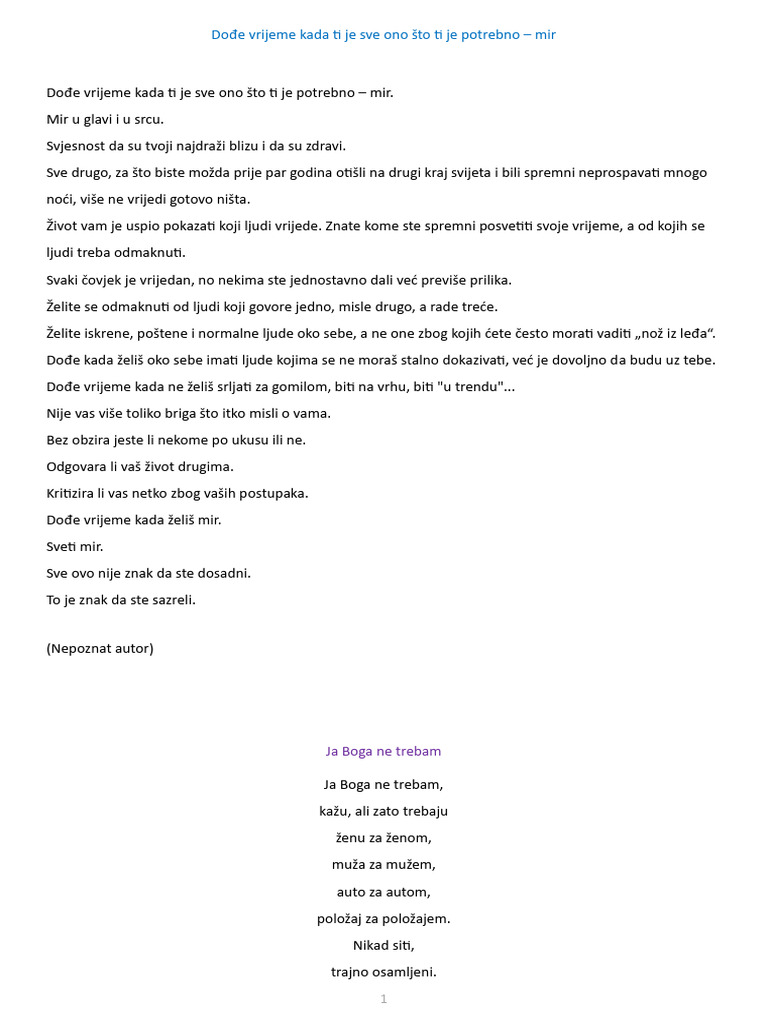 Dođe Vrijeme Kada Ti Je Sve Ono Što Ti Je Potrebno - Mir | PDF