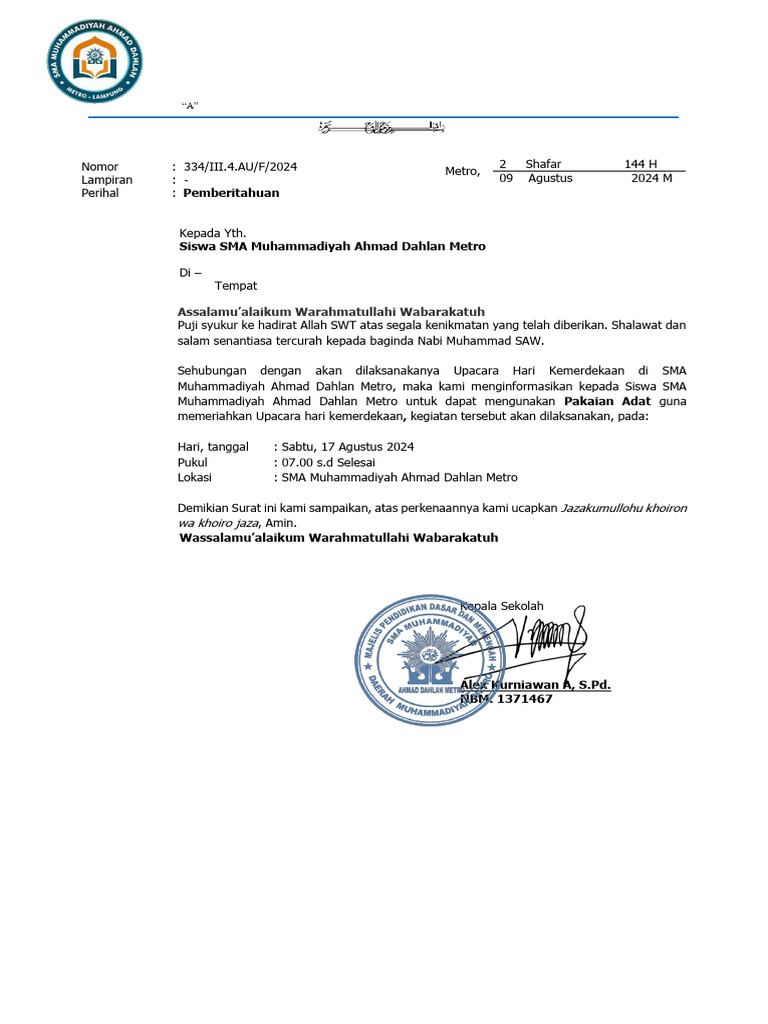 Surat Edaran Upacara 17 Agustus 2024 | PDF