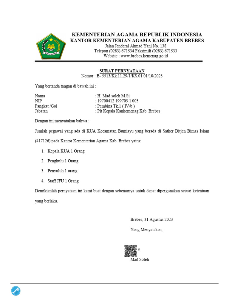 Contoh SUrat Pernyataan Jumlah Pegawai Pada KUA Untuk Dokumen SBSN | PDF