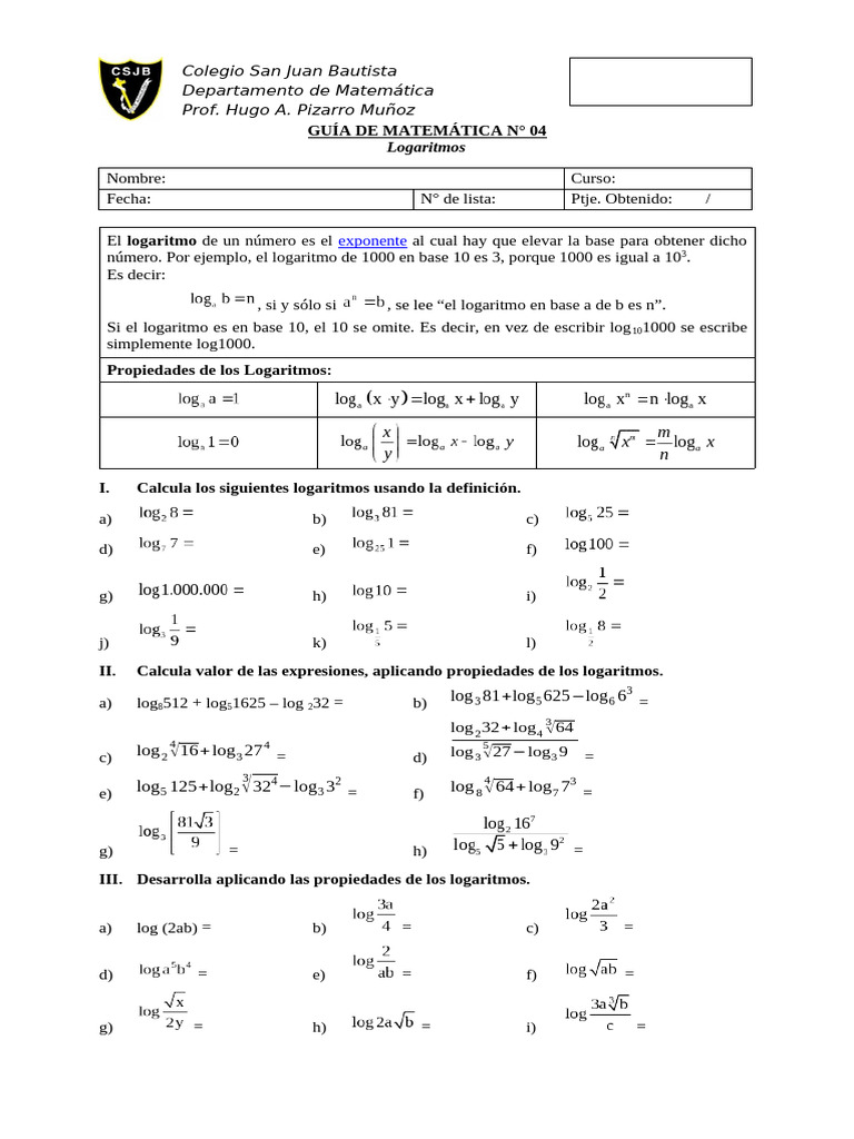 Guía 2° Medio (Logaritmos) | PDF