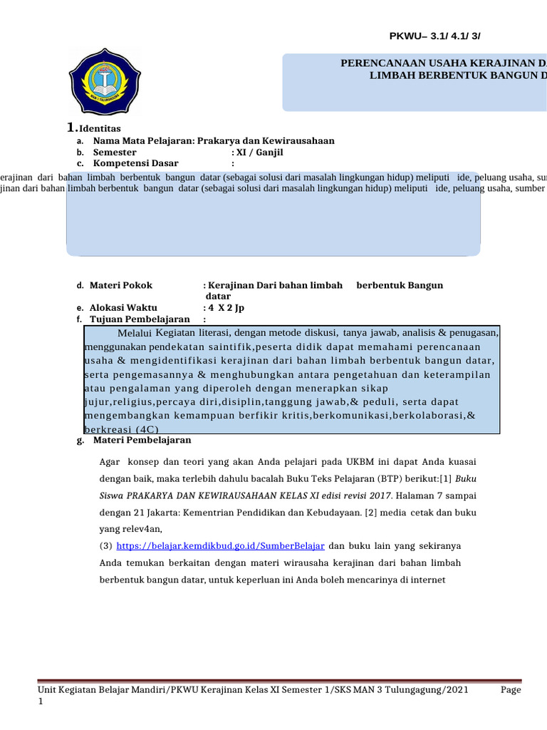 Ukbm Pkwu 3.1 Perencanaan Usaha Bangun Datar | PDF