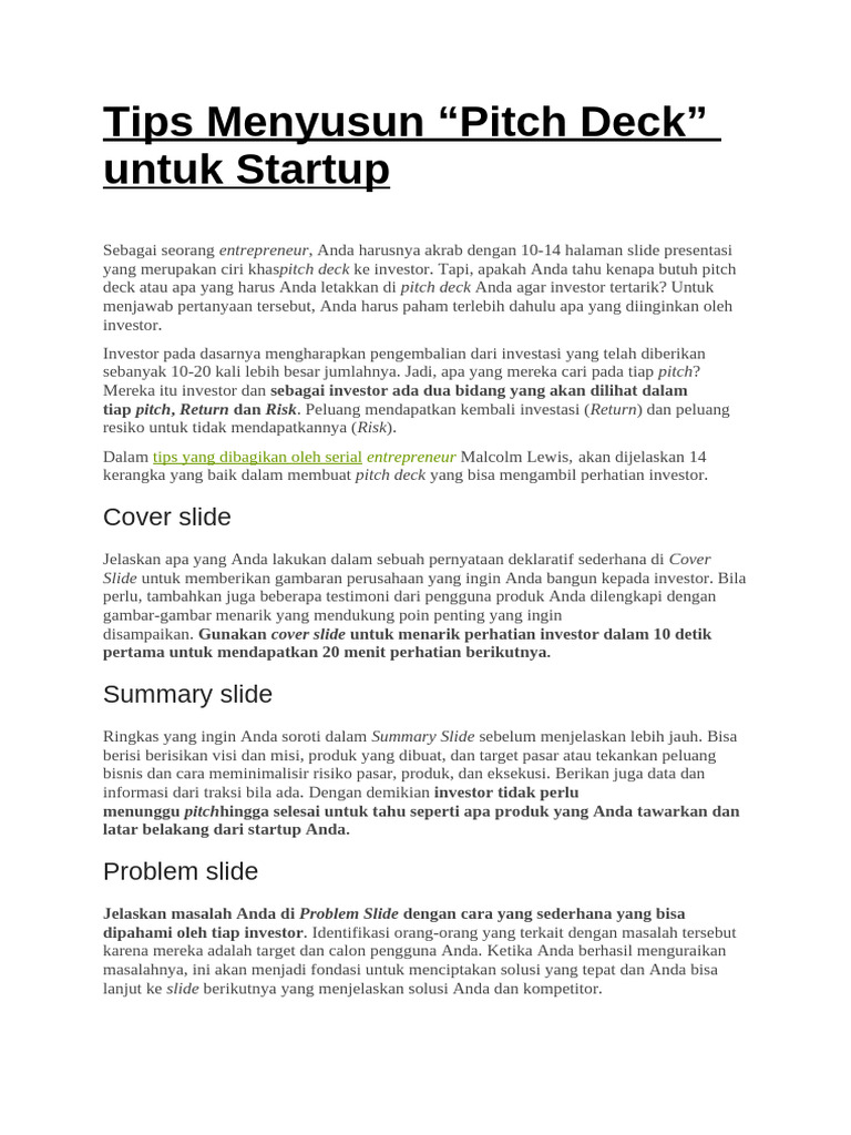 Tips Menyusun "Pitch Deck" Untuk Startup | PDF