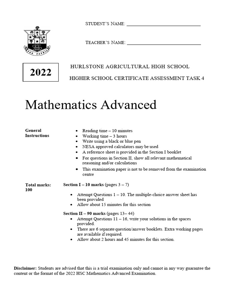 Hurlstone 2022 2U Trials & Solutions | PDF