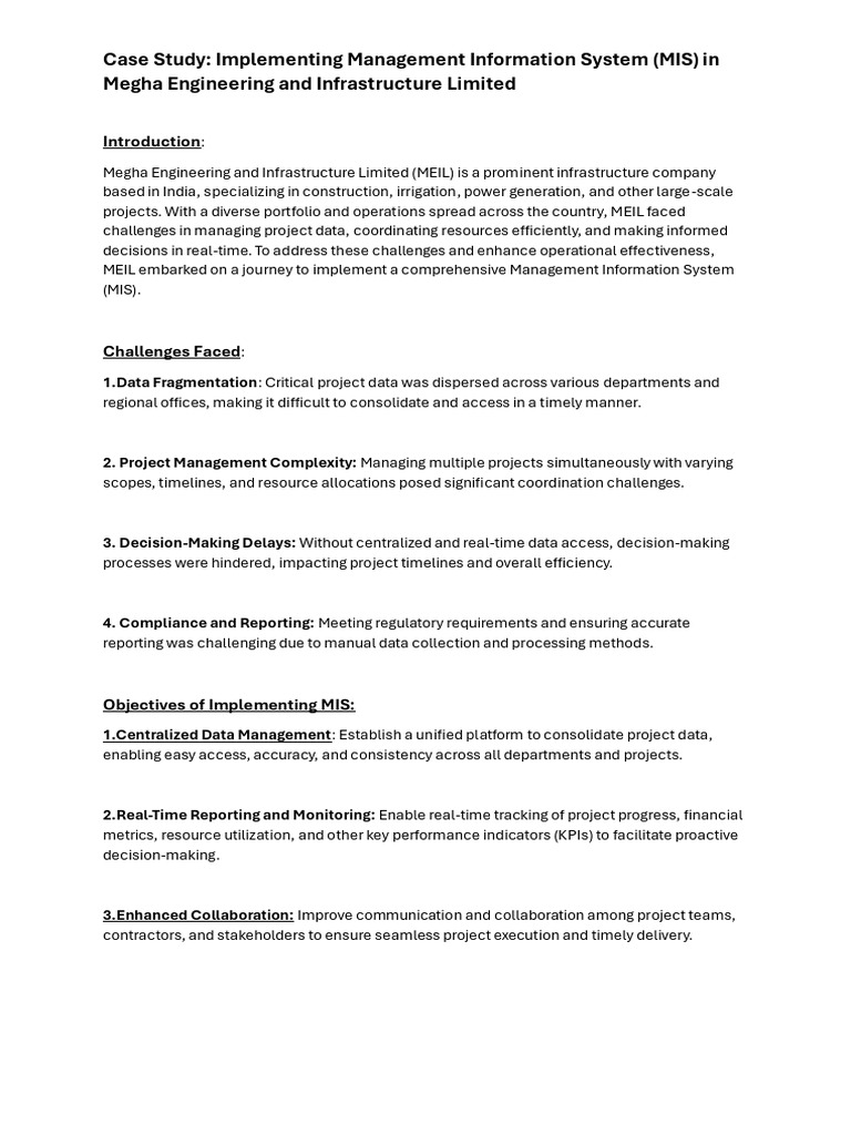 Case Study On Implementing MIS in MEIL | PDF