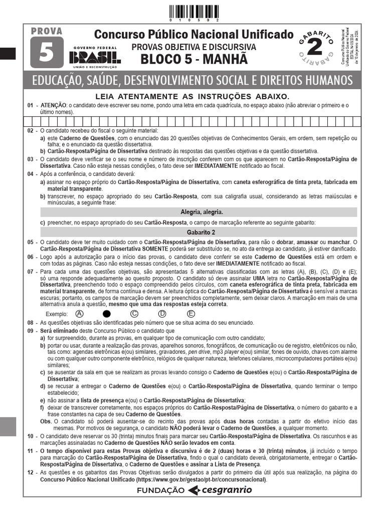 Prova 5 Cpnu Educacao Saude Desenvolvimento Social e Direitos Humanos Gabarito 2 Manha 2024-08 ...