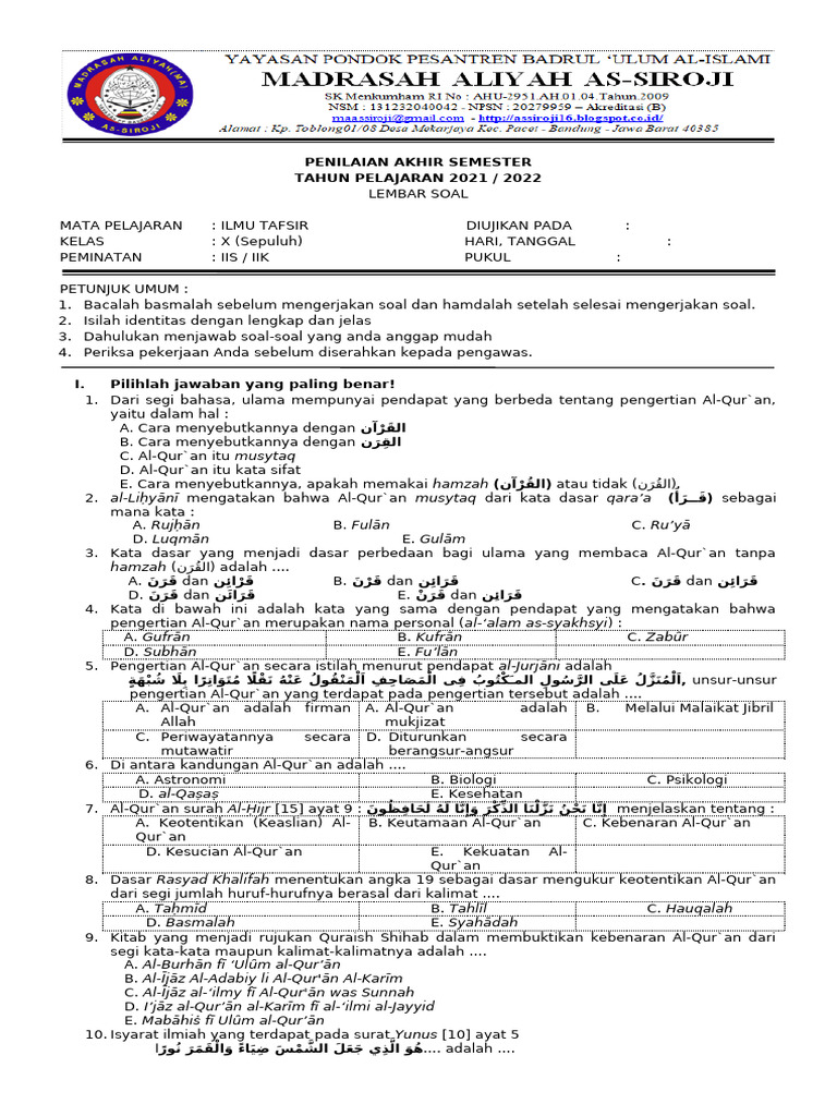 KOP SOAL PAS 21-22 Kls 10 | PDF