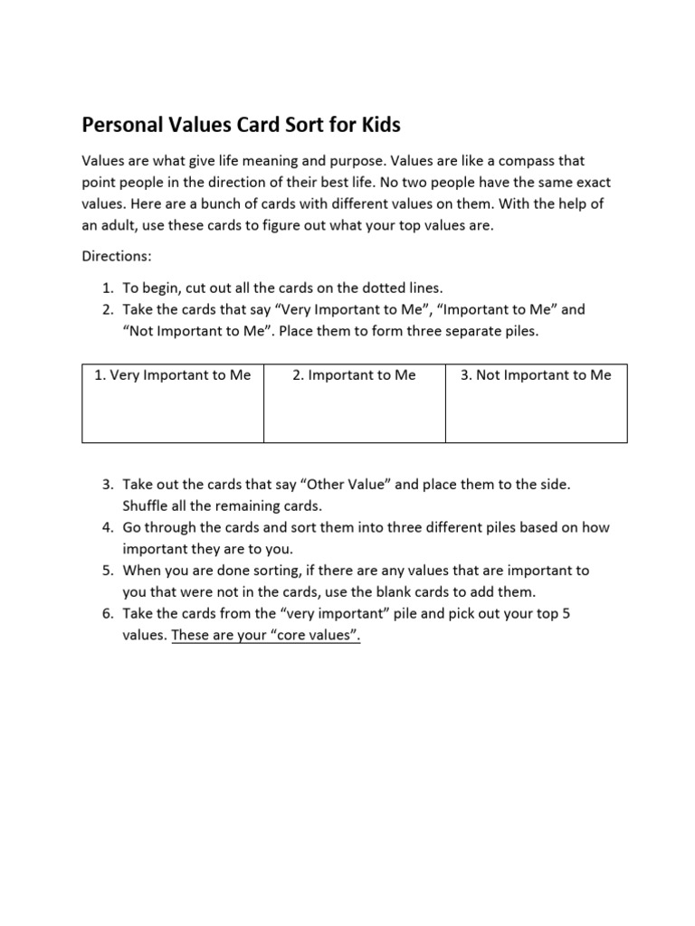 Values Card Sort For Kids | PDF