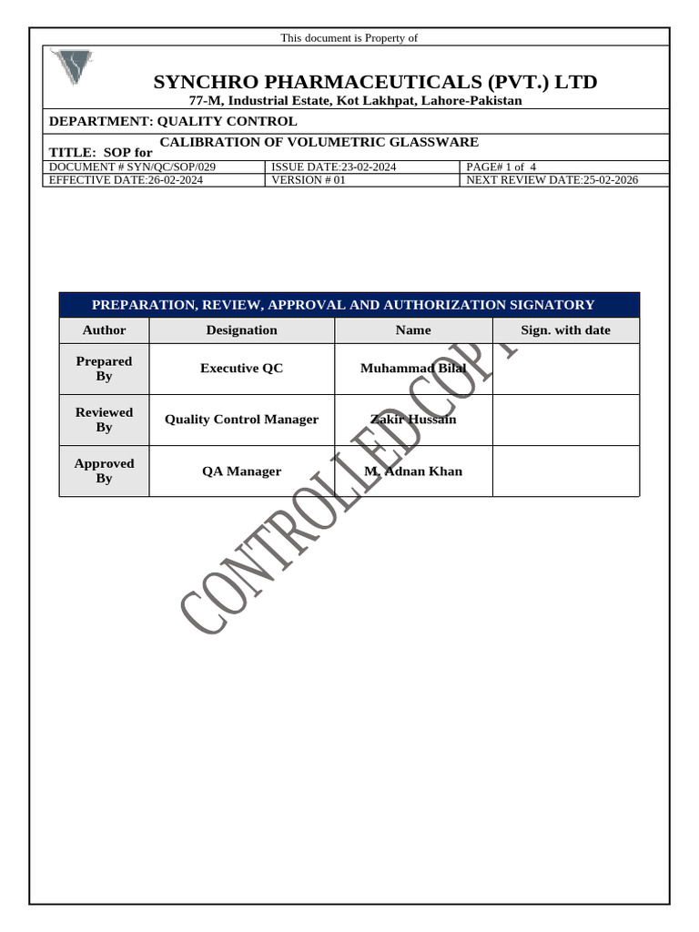 029 SOP For CALIBRATION OF VOLUMETRIC GLASSWARE | PDF