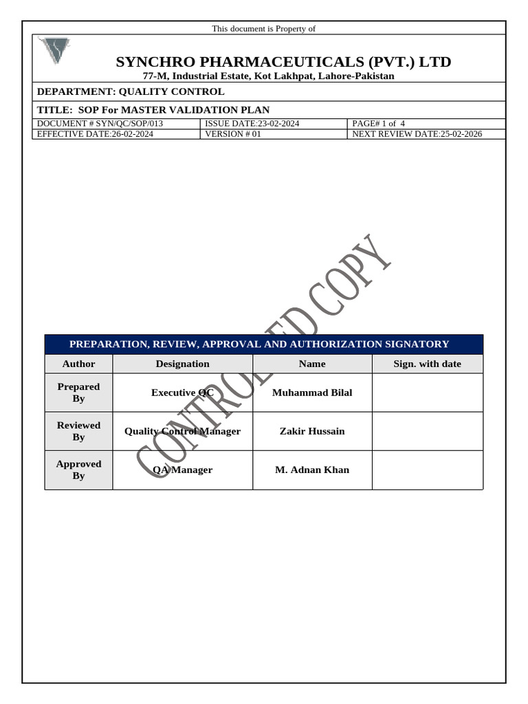 014 SOP For MASTER VALIDATION PLAN | PDF