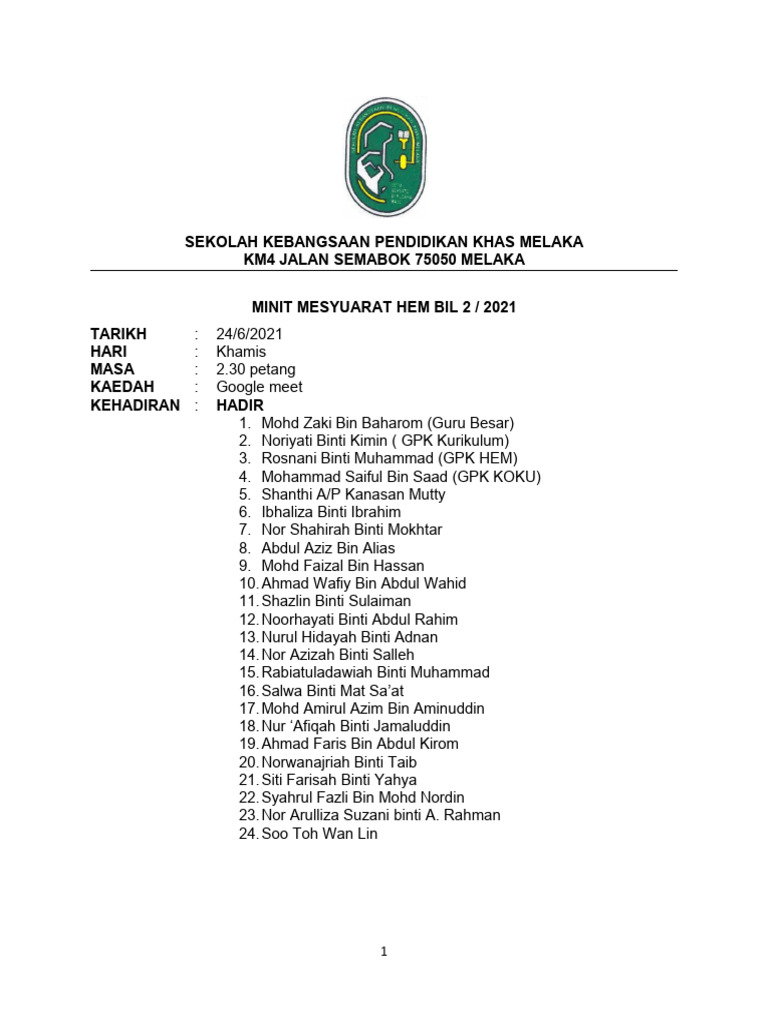 Minit Mesyuarat Hem Bil 2 2021 | PDF