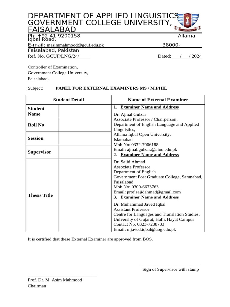4.panel For External Examiners (Ask To Your Supervisor) | PDF
