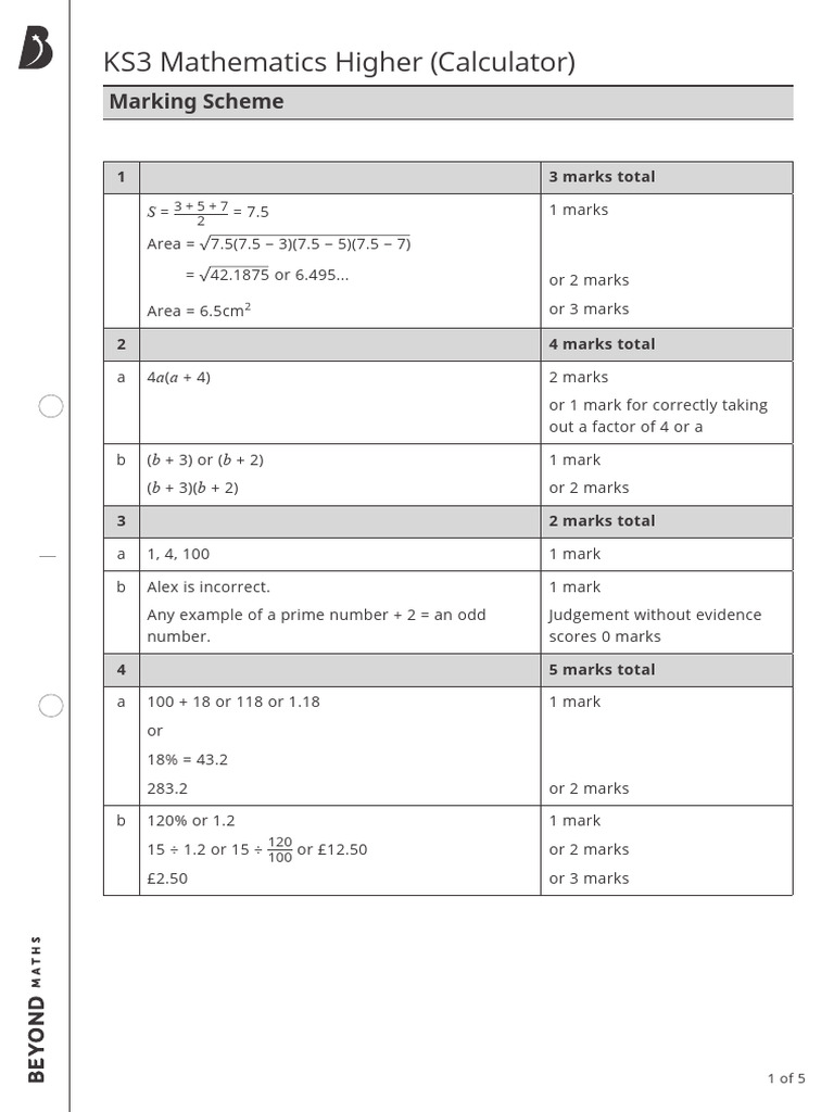 KS3 Higher Calculator - Mark Scheme | PDF