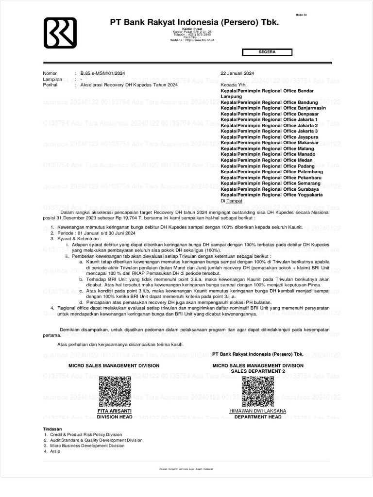 Surat Divisi MSM B.85.e - MSM - 01 - 2024 Tanggal 22 Januari 2024 | PDF