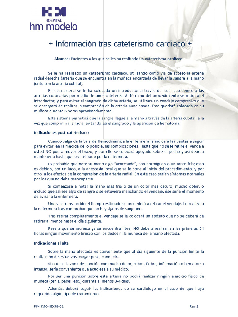 58 PP-HMC-HE-58-01 Información Tras Cateterismo Cardiaco Rev.2 | PDF