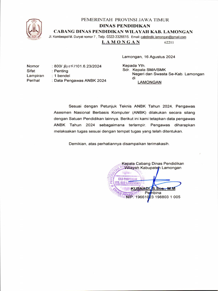 Data Pengawas Anbk 2024 Lamongan | PDF