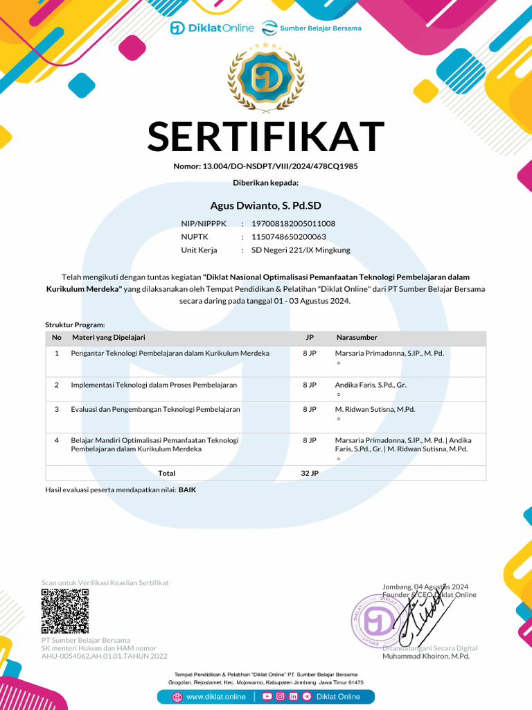 Sertifikat Diklat Agus 3 | PDF