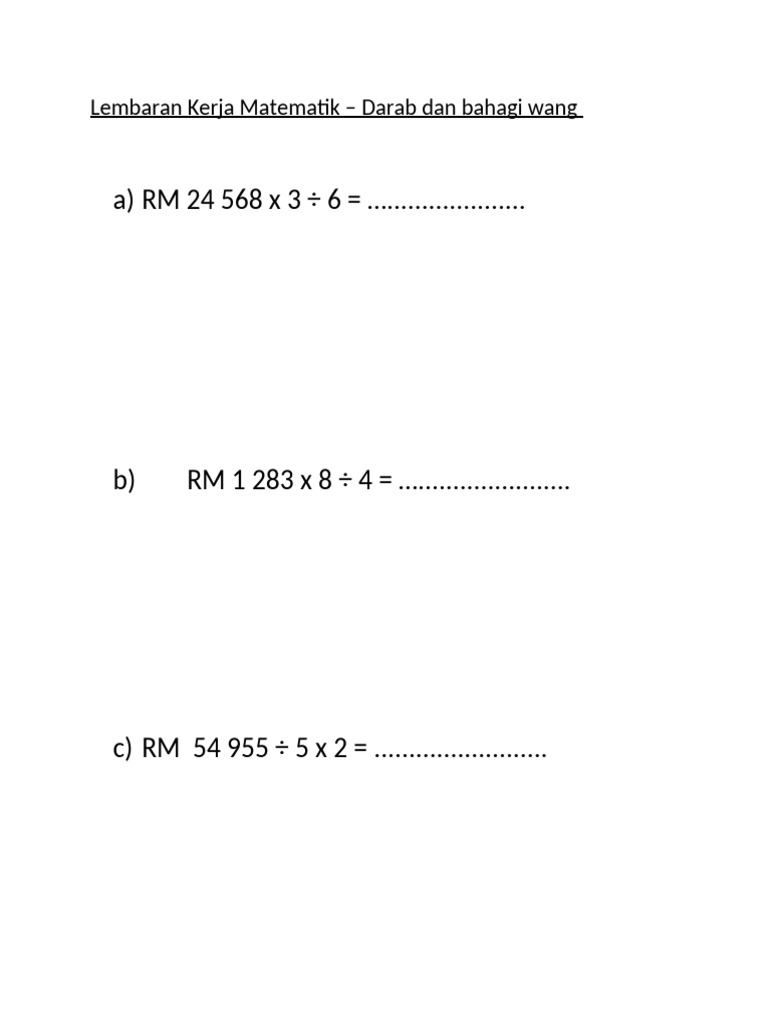 Lembaran Kerja Matematik - Darab Dan Bahagi Wang | PDF