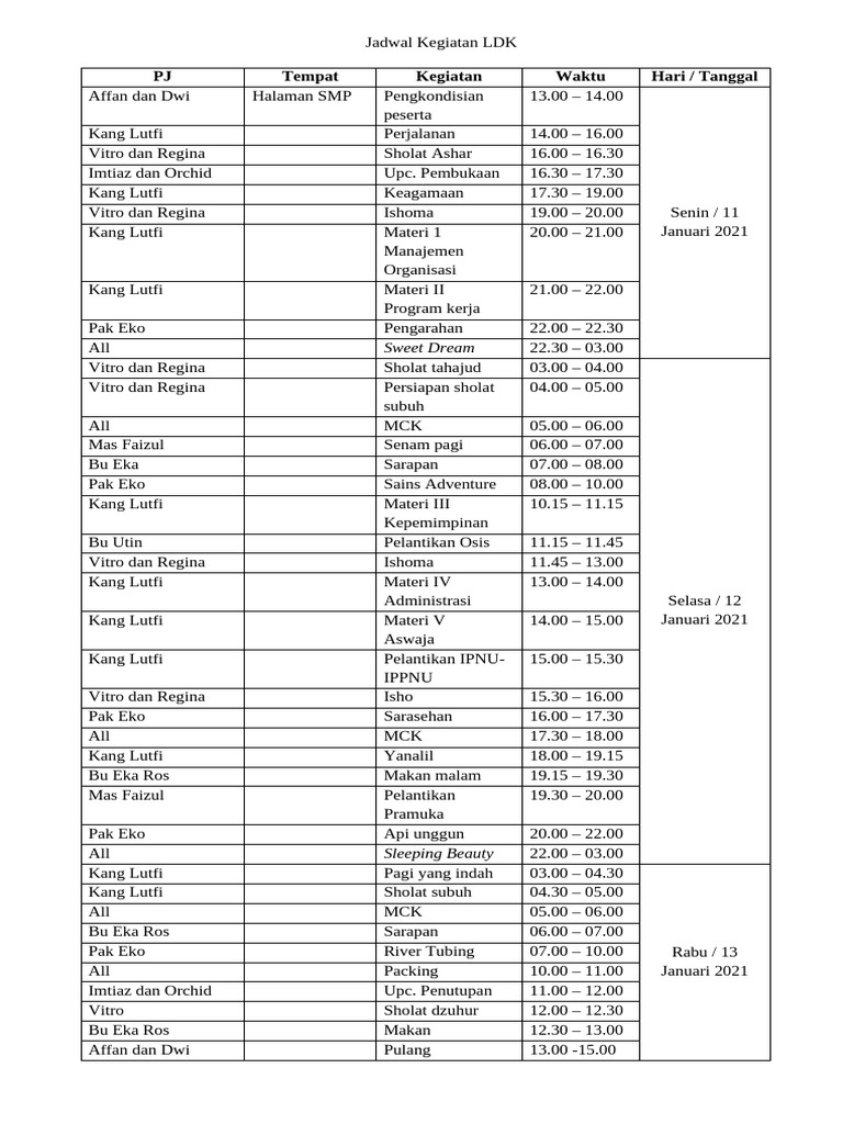 Jadwal Kegiatan LDK 2021 | PDF