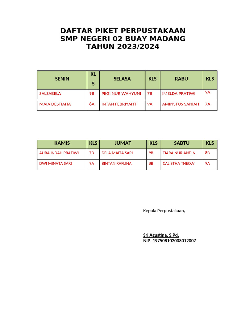Daftar Piket Perpustakaan | PDF