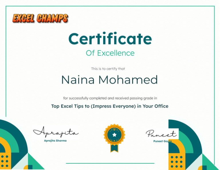 Master Excel Certificate - For - Naina - Mohamed | PDF