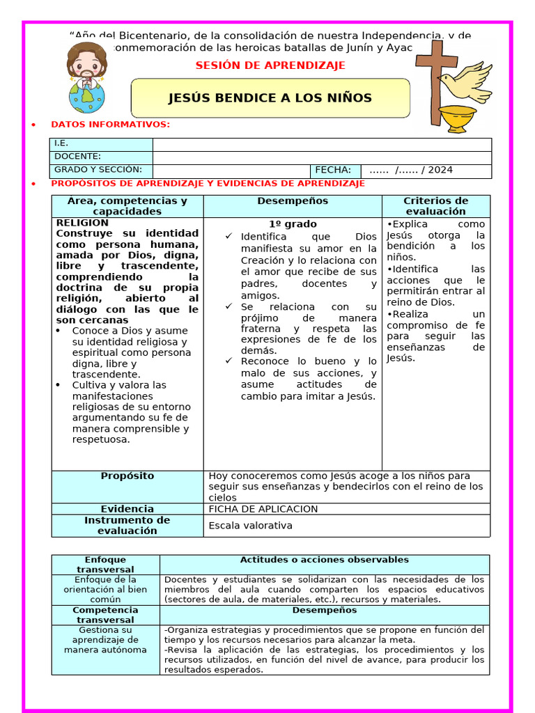 1º U1 S1 Sesion D2 Religion Jesus Bendice A Los Niños | PDF