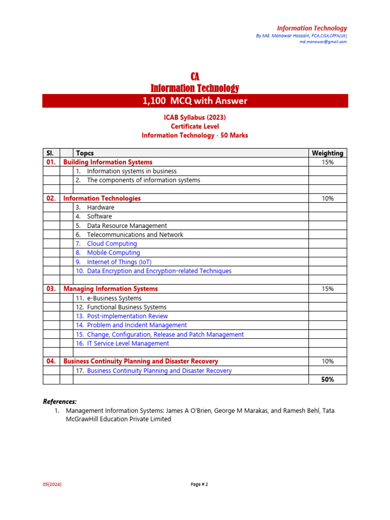MCQ of CA (CL) - (01 To 300) - IT - by MD - Monowar Hossain FCA, CISA (05.2024) | PDF